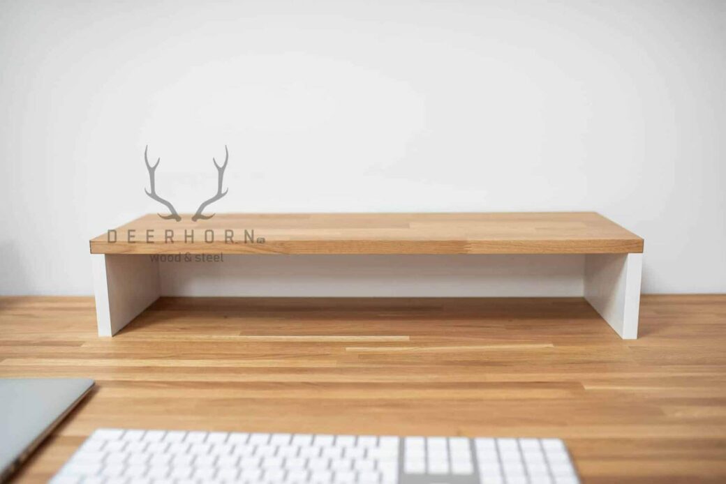 White desk extension with wooden monitor top
