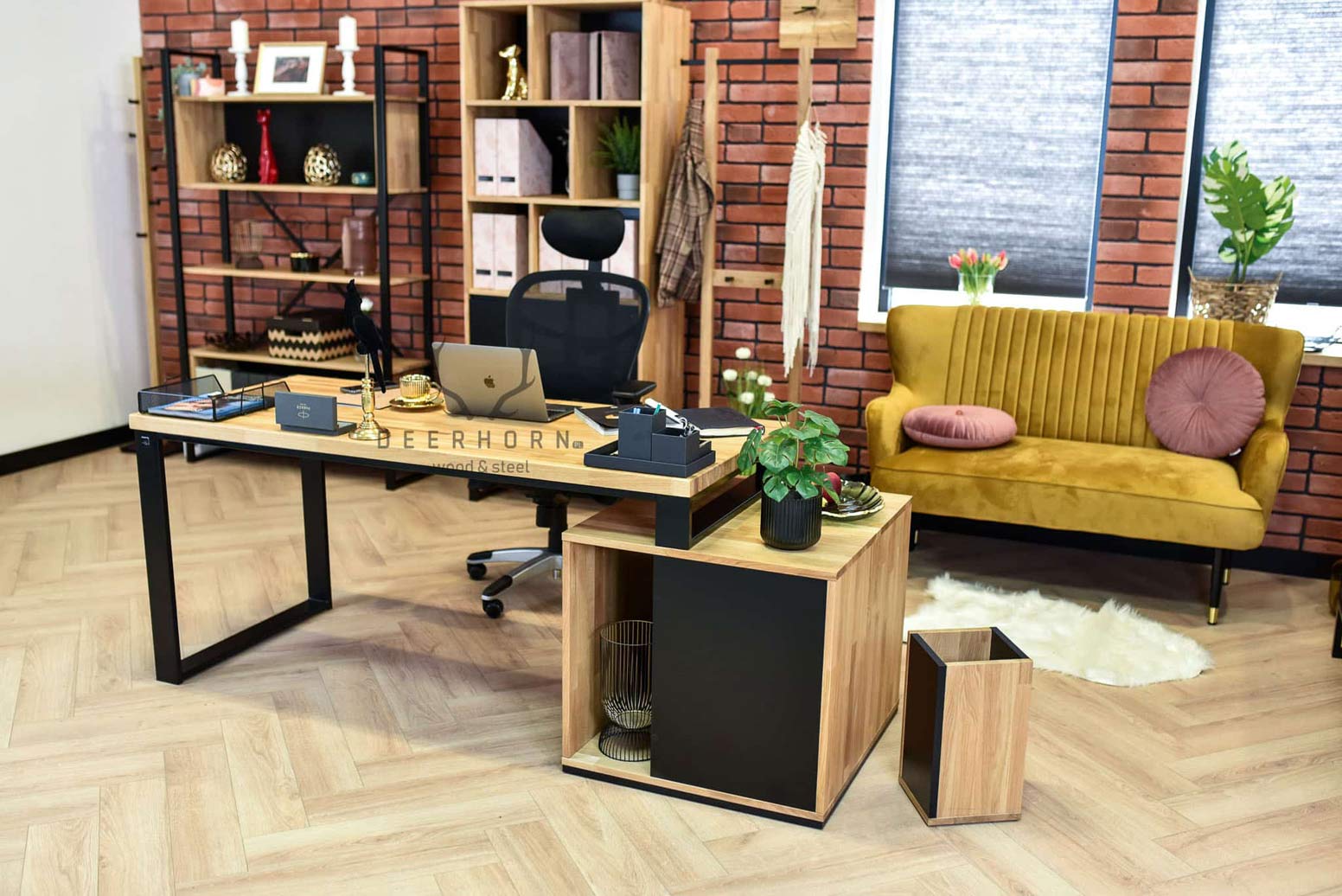 Premium loft desk with wooden top and metal legs