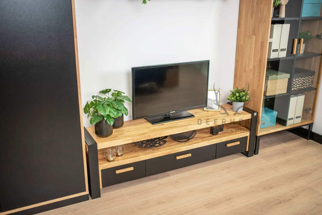 Modern RTV cabinet made of wood and metal | Deerhorn Furnitures