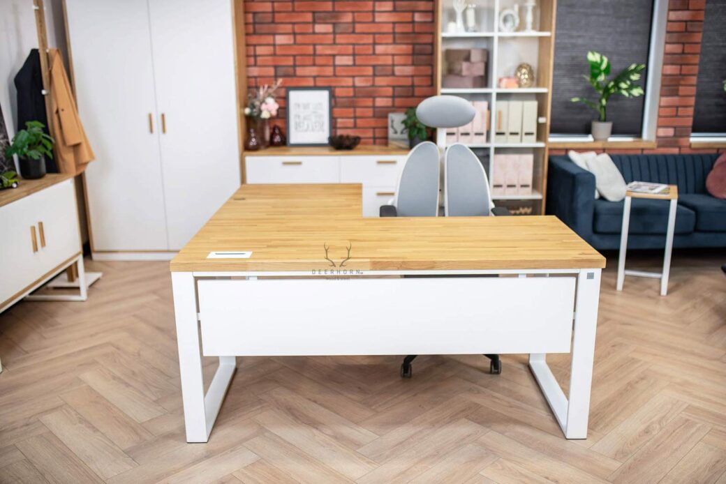 White corner desk with wooden top | Deerhorn Furnitures