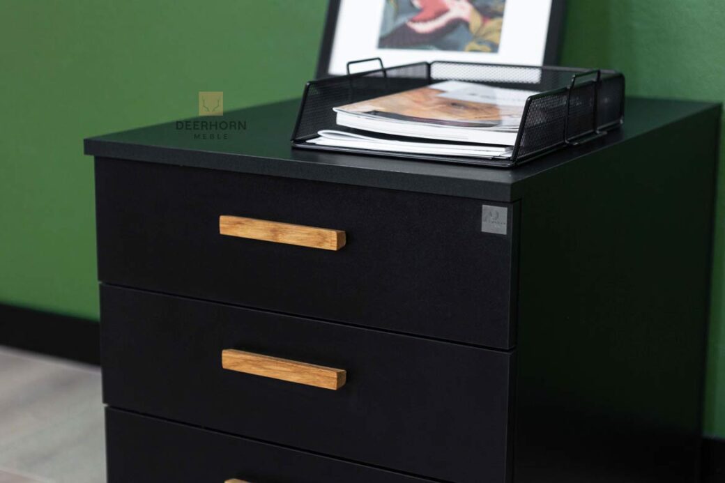 Black mobile container with drawer and shelf for binders