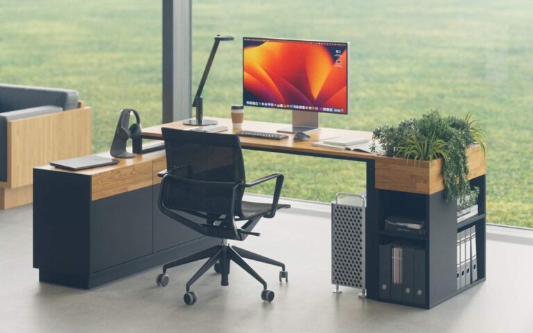 Corner desk with office filing cabinet